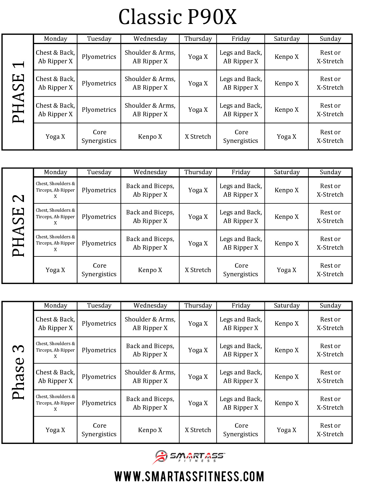 Classic P90X Schedule Smart Ass Fitness Classic P90X Schedule Smart Ass Fitness
